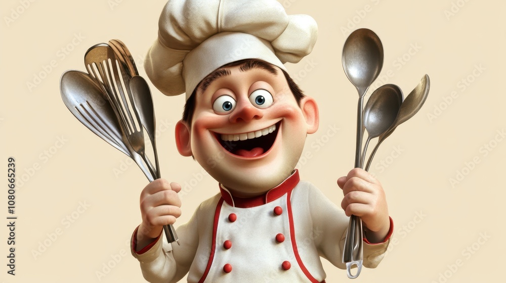 Fun cartoon chef holding cooking utensils, ready to work in the kitchen ...