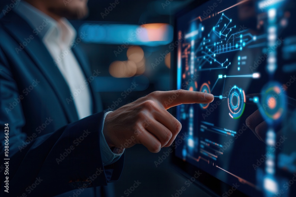 businessman's hand pointing at a digital touchscreen displaying data ...