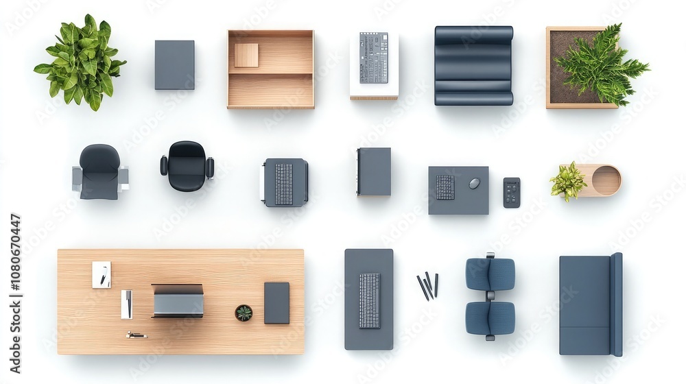 Overhead view of an office space with desks, chairs, and plants. This ...