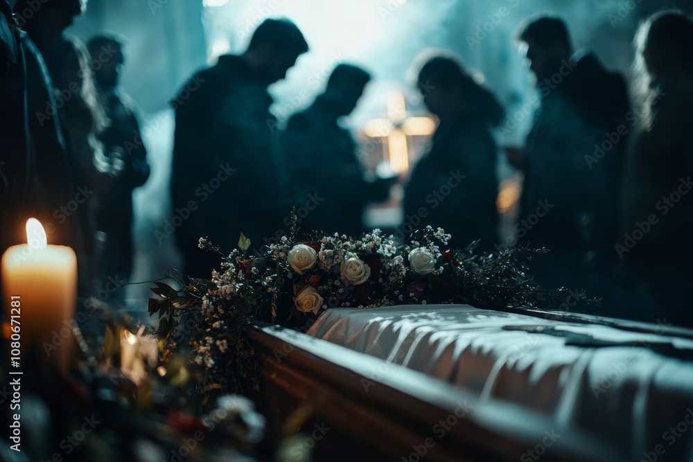Mourners gathered around a casket with floral arrangements, solemn ...