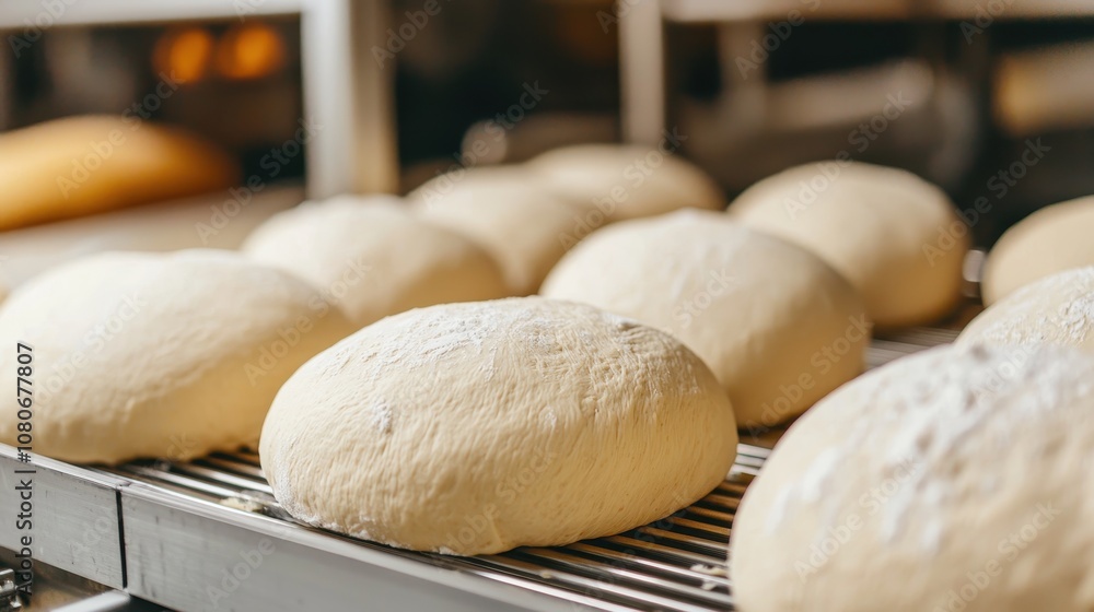 Automated bakery production line, bread dough moving on conveyor belts ...