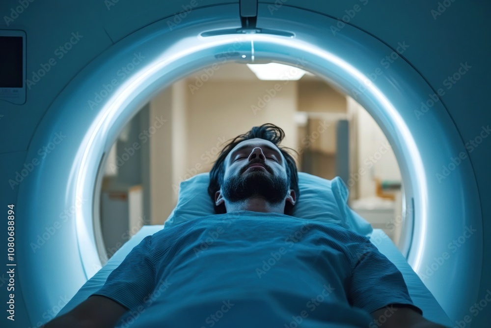 Patient undergoing an MRI scan, advanced medical imaging technology in ...