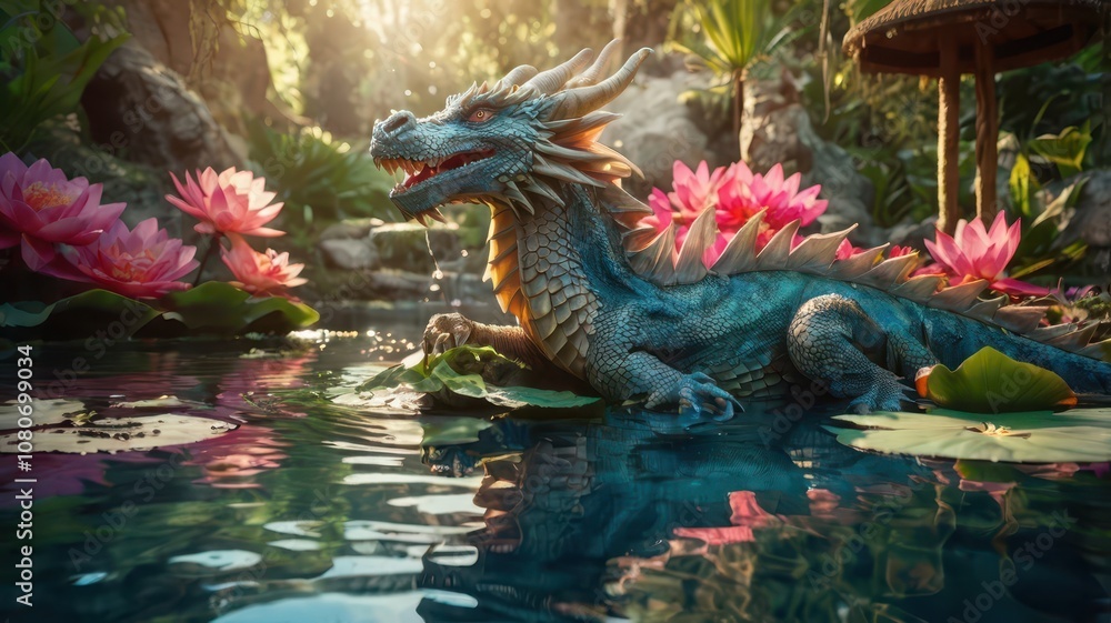 Dragon Whisperer in a Magical Oasis – A dragon tamer surrounded by a ...