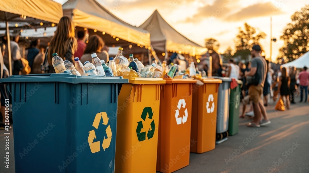 Recycling bins filled with plastic bottles at an outdoor event with ...