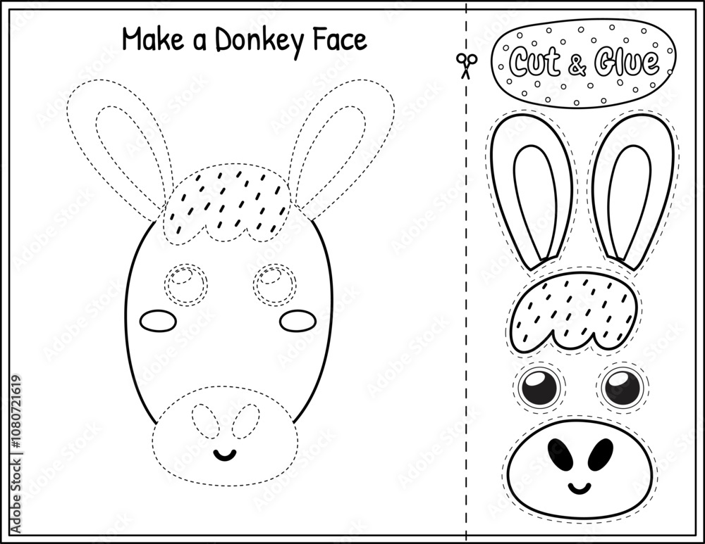 Make a donkey face funny black and white game for kids. Cut and glue ...