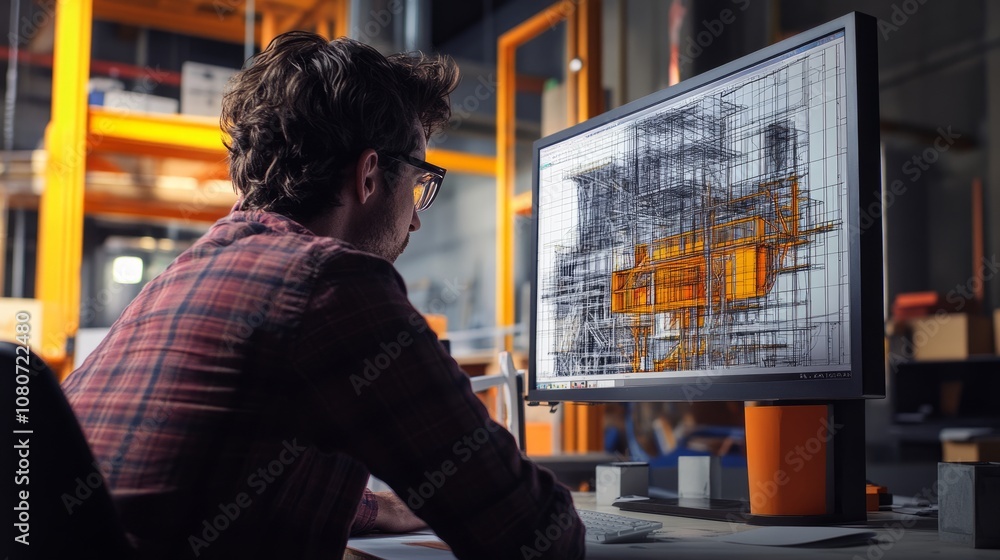 Focused engineer viewing 3D model details on CAD software, in a high ...