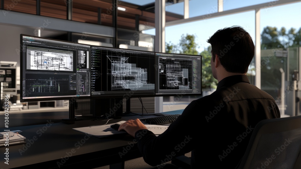 Stock-Illustration „Modern workspace with an engineer designing a 3D ...
