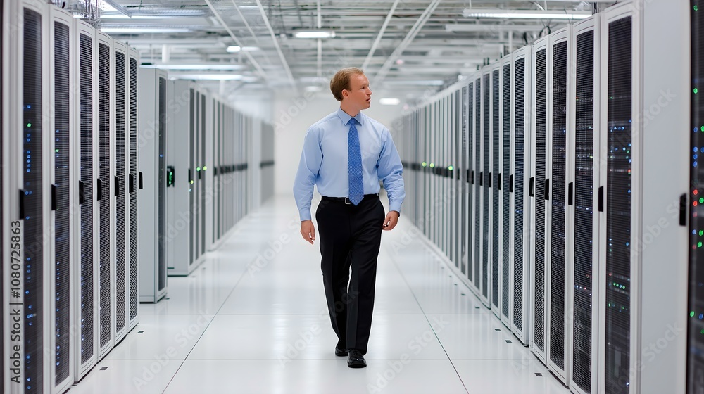 Business professional walking between server racks in a modern data ...