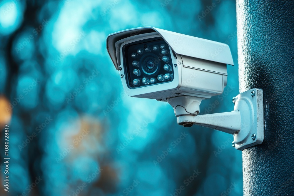 High-Resolution Close-Up of a Modern Security Camera Mounted on a Pole ...