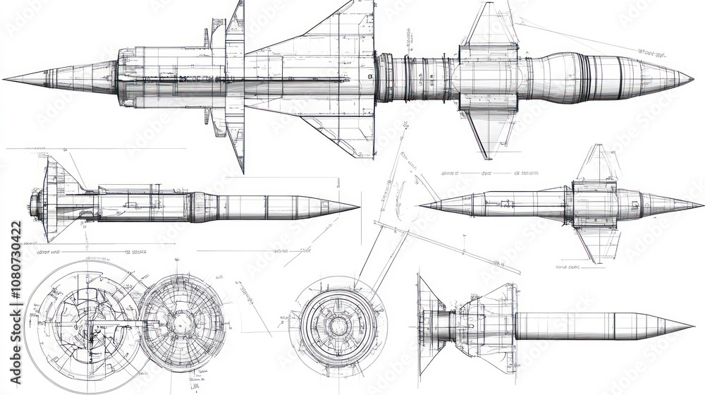 A highly detailed black and white technical drawing of the ballistic ...