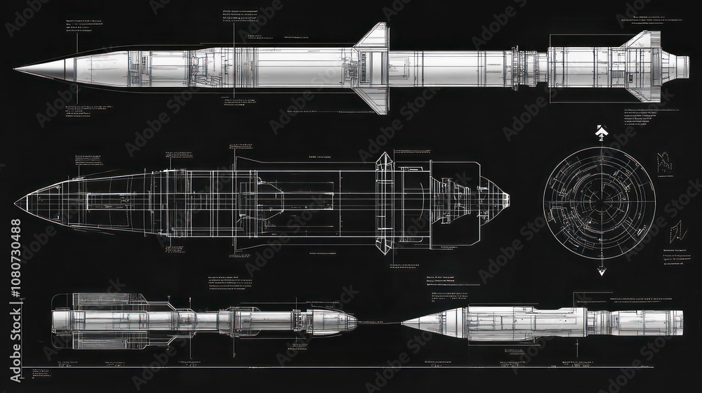 Detailed blueprints of a missile, showing its various components and ...