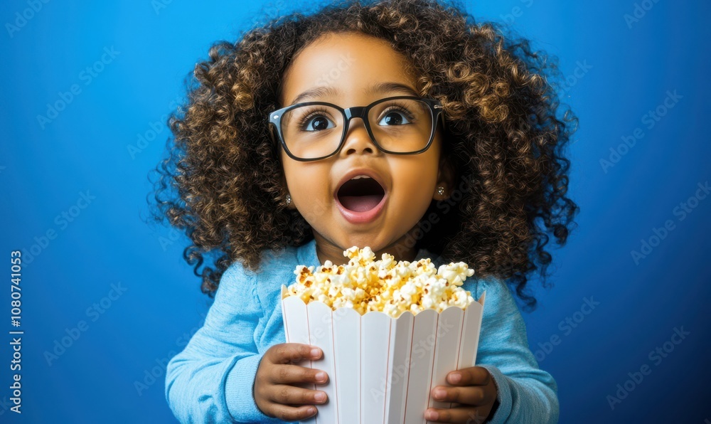 African American child eating popcorn while watching movie, blue ...