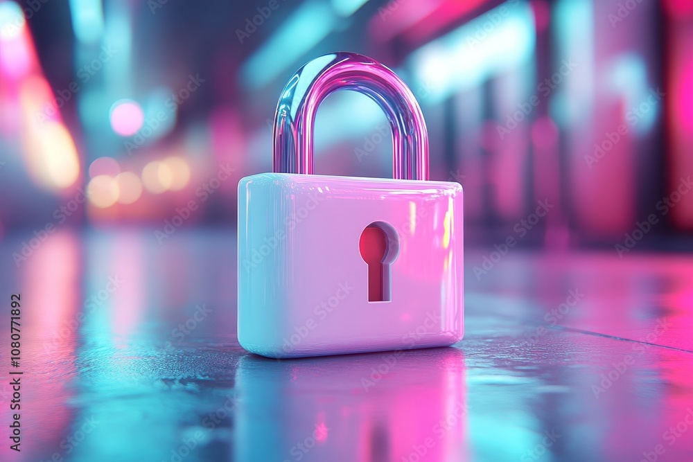 It depicts a lock symbol with a blue and pink code overlaid on a white ...