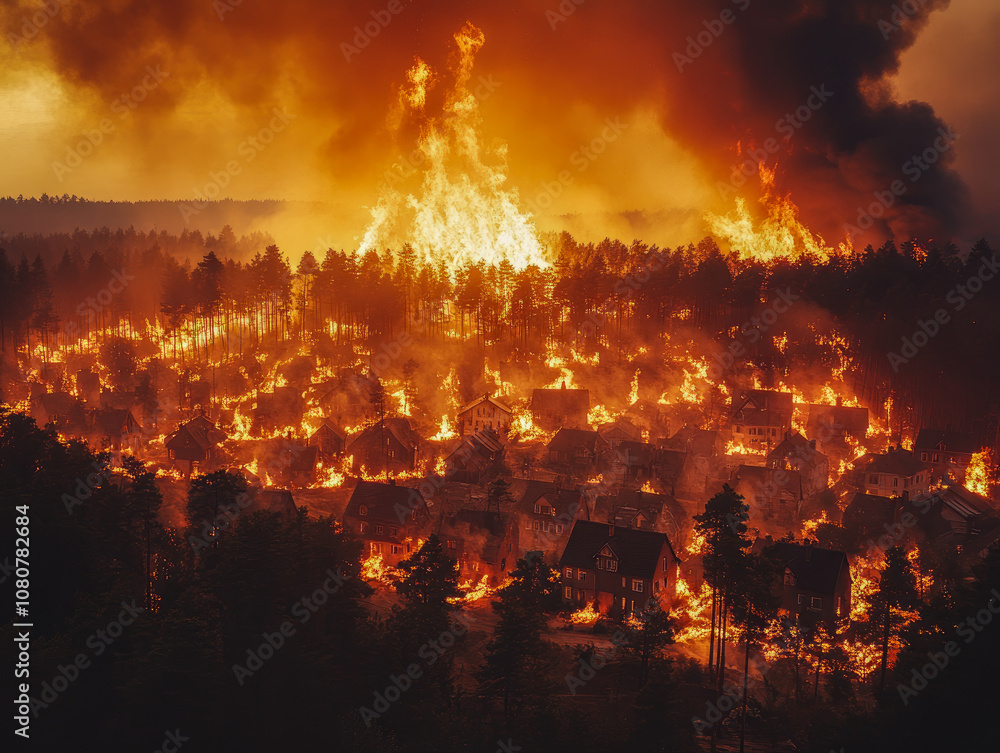 Massive wildfire consumes a village amid towering trees; fierce flames and thick smoke dominate ...