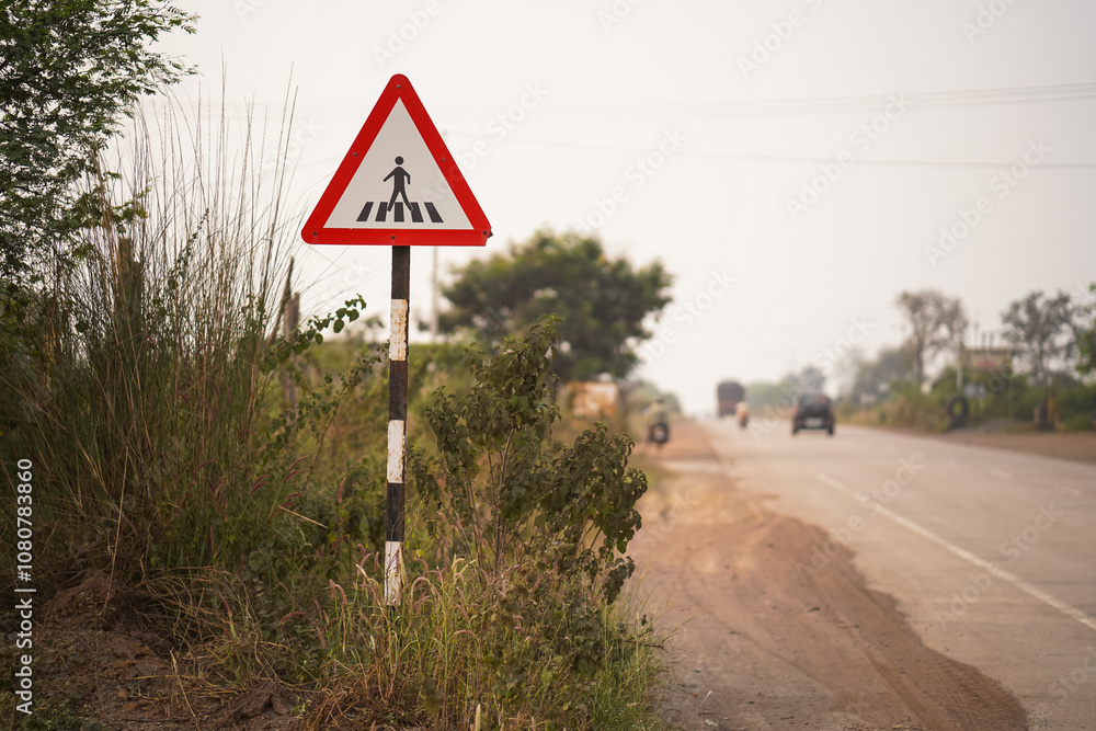 roadside pedestrian sign, rural safety road sign, pedestrian crossing ...