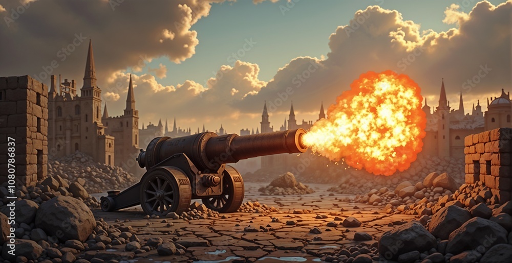 medieval artillery cannon firing shells, bright explosion,medieval ...