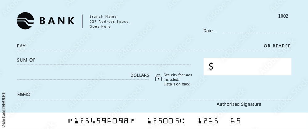Blue Bank check, vector blank money cheque, checkbook template with ...