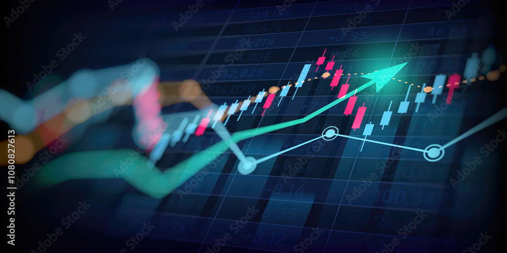 Abstract financial graph with uptrend line arrow and bar chart of stock market on blue color ...