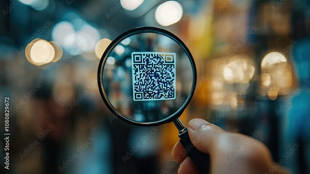 Hand using a magnifying glass to inspect a QR code on a product ...