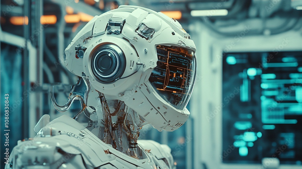 Futuristic astronaut robot wearing helmet with hud interface in ...