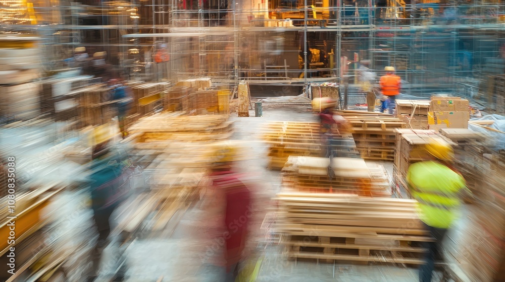 Busy construction site with workers assembling materials amidst ongoing ...