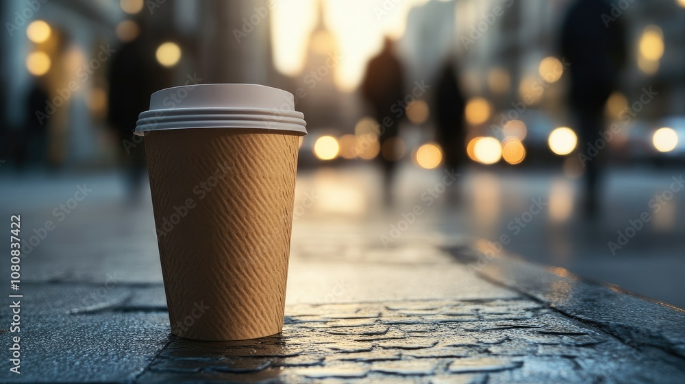 Paper coffee cup on a city sidewalk, with blurred passersby and traffic ...
