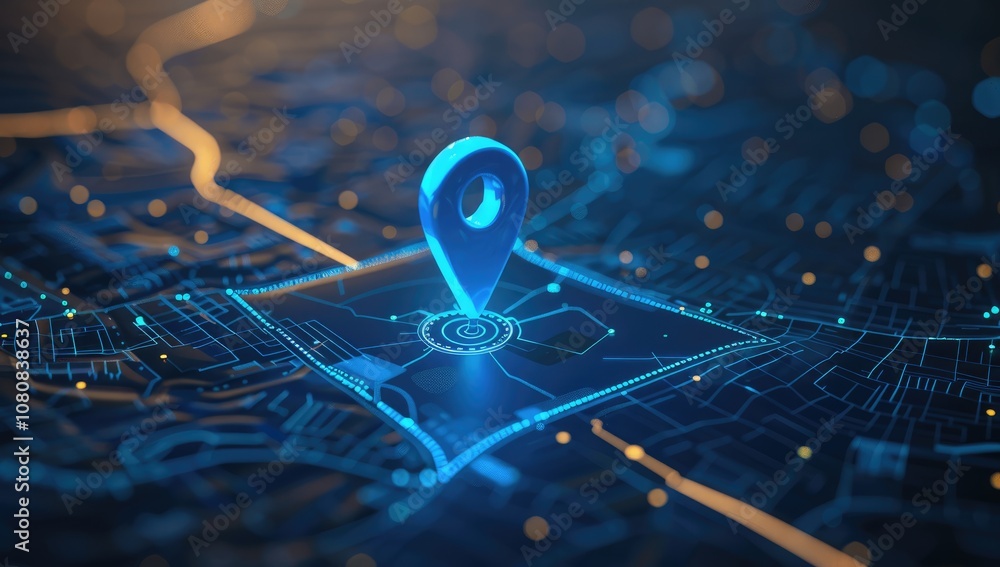 Digital Map with Location Pin and Blue Orange Glowing Pathways Stock ...