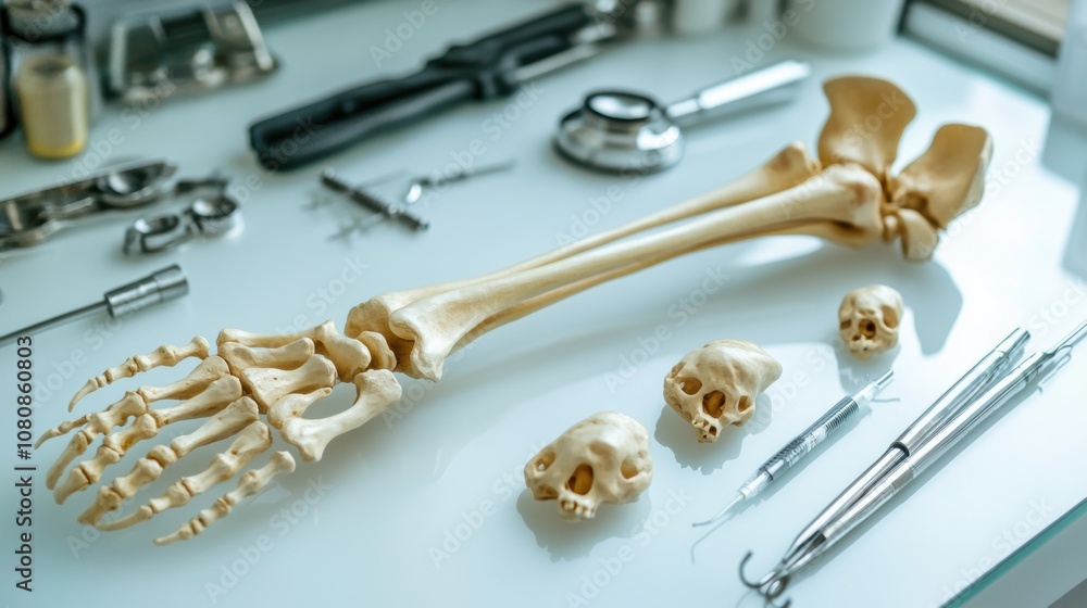 Detailed medical arrangement of a human arm skeleton, including humerus ...