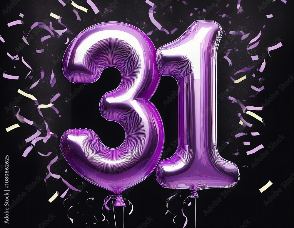 Purple birthday / anniversary balloon, number 31, black background with ...