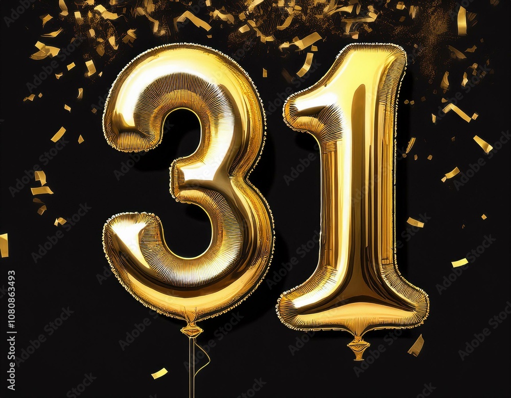 Gold birthday / anniversary balloon, number 31, black background with ...