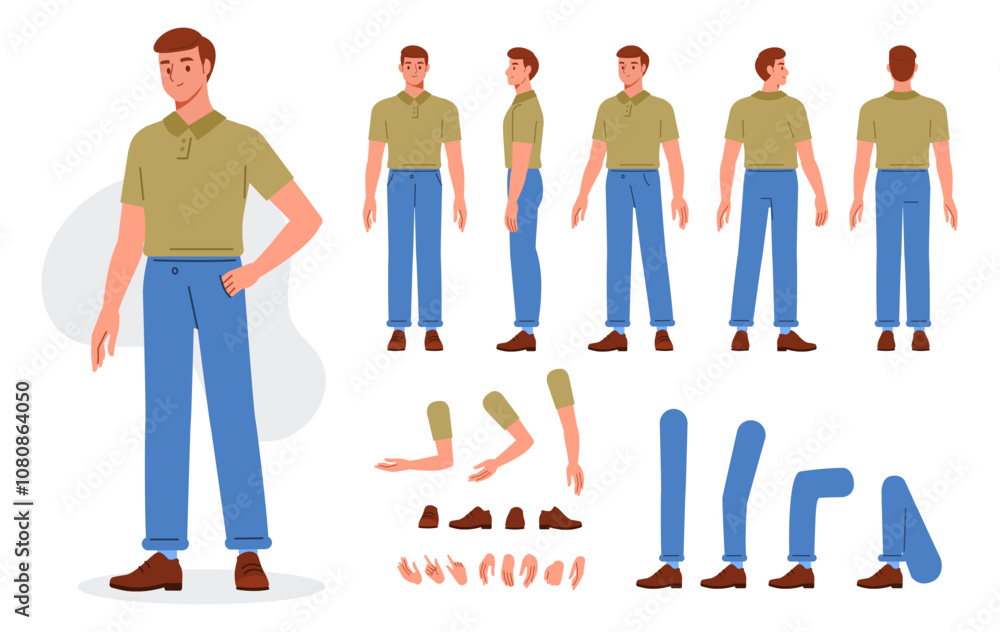 Casual man character constructor for animation. Front, side and back ...