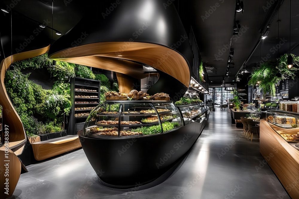 a modern organic cafe with a unique flowing black and wood counter ...