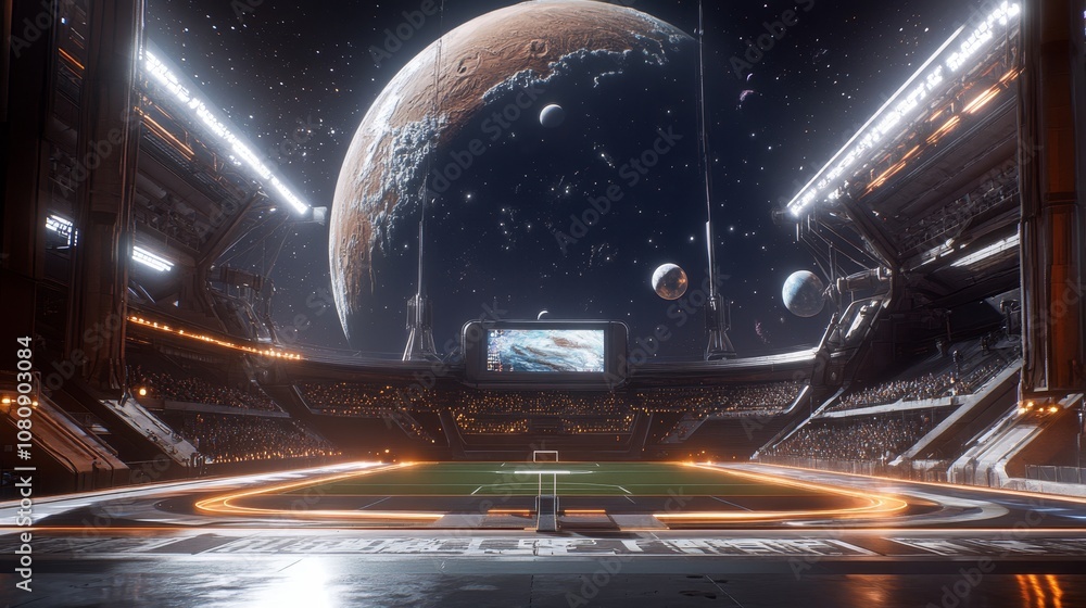 Spectators fill a futuristic soccer stadium built on an alien planet ...