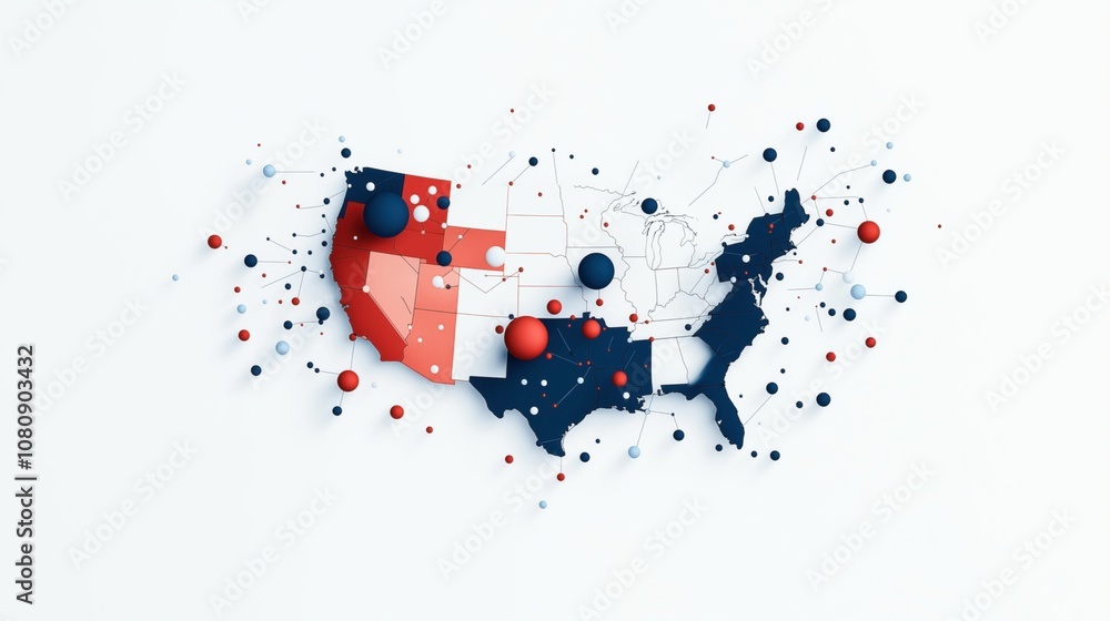 Abstract data visualization of the United States map with red and blue ...