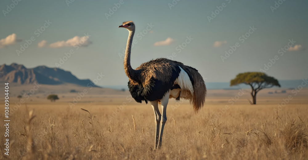 Ostrich standing gracefully in golden grasslands africa wildlife ...