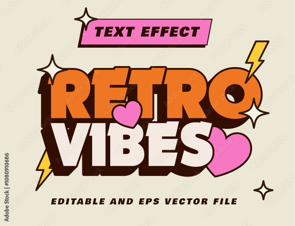 retro groovy vibes editable text effect type for poster, logo, title, t ...