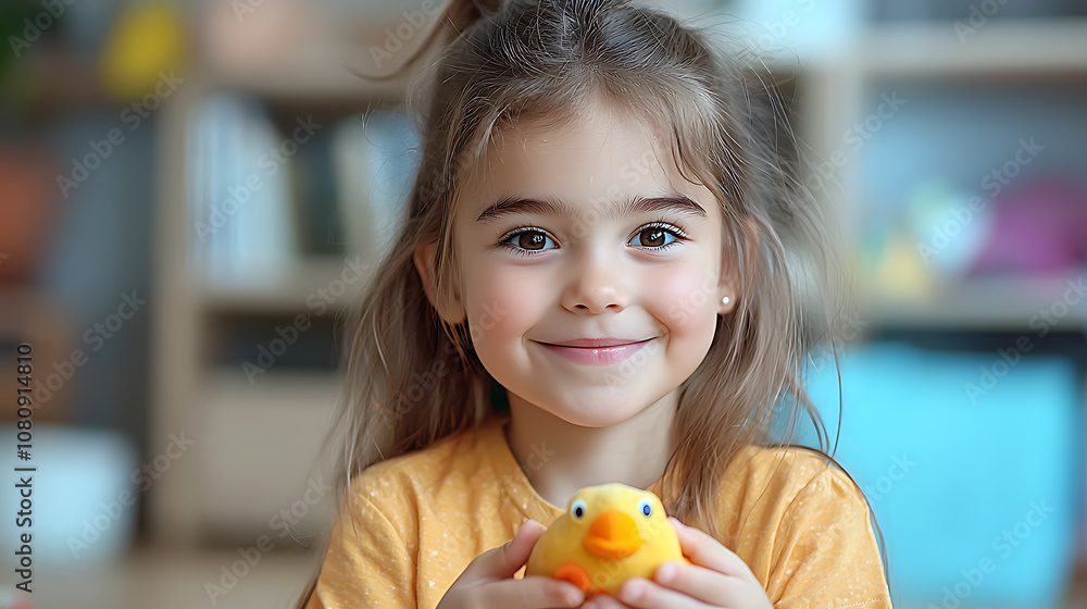Delightful girl engages in playful animal sounds using colorful finger ...