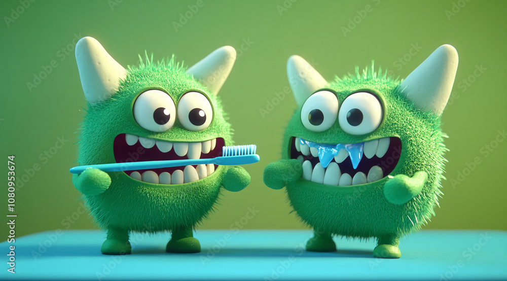 Two green fuzzy monsters with big eyes are brushing their teeth. The ...