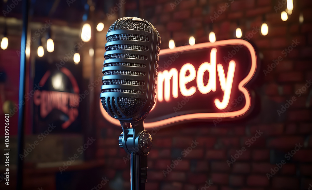 Microphone on stage with a neon comedy sign in the background. Stock ...