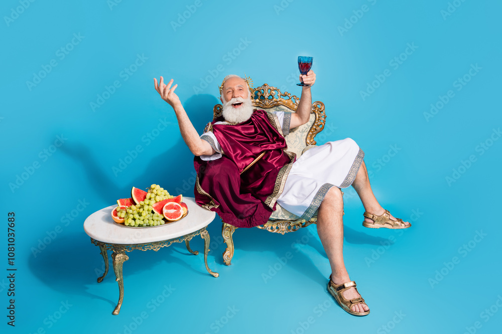 Full size photo of rich roman politician sit throne hold wine glass say ...