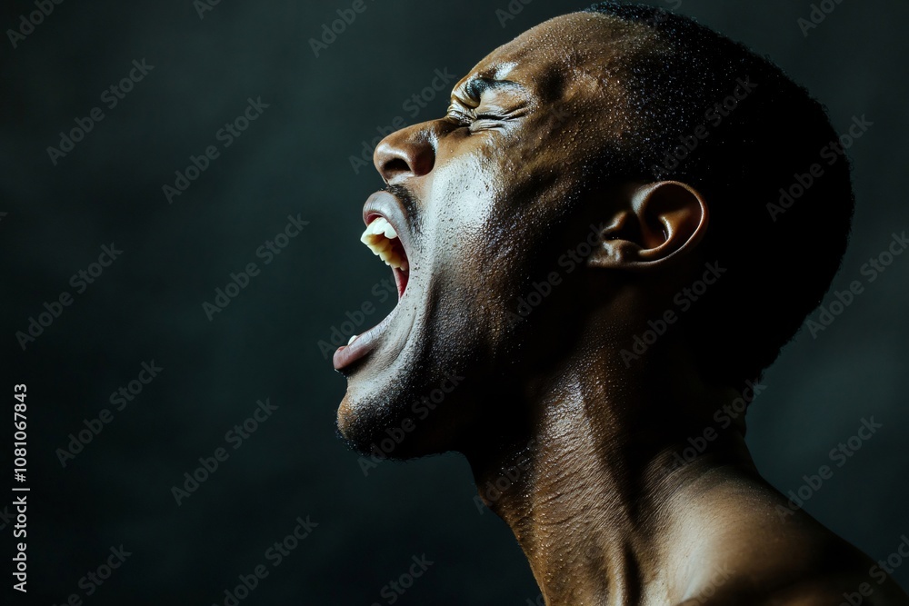 Profile of a young black man screaming in visible frustration, veins ...