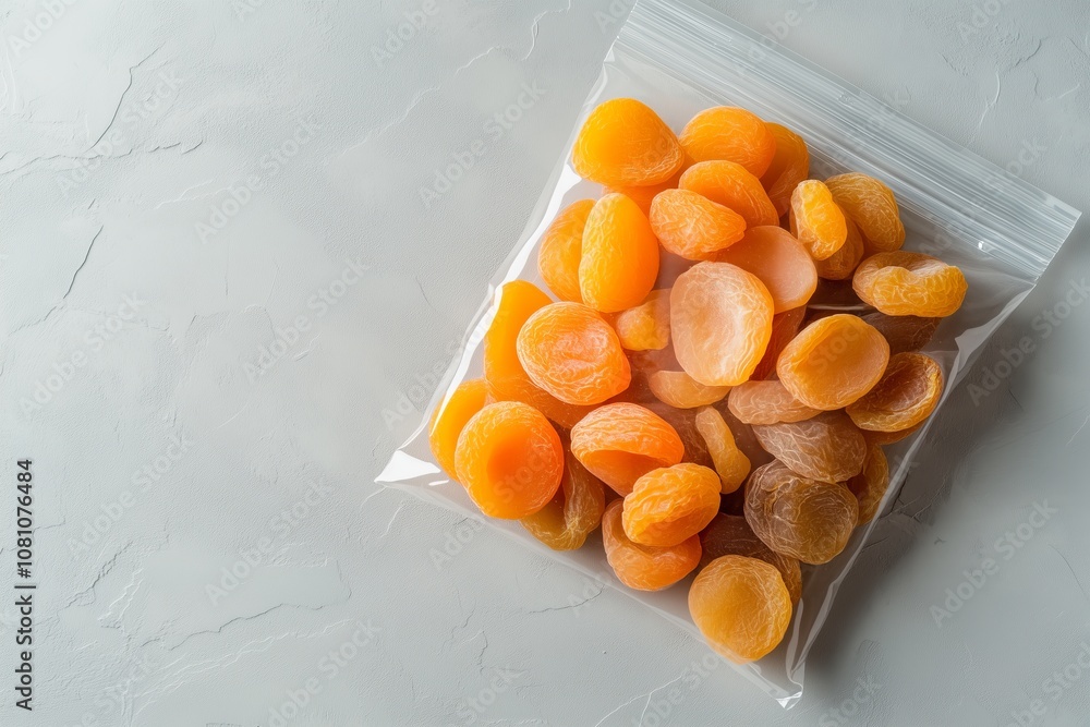 Transparent plastic bag filled with dried apricots in shells on a light ...