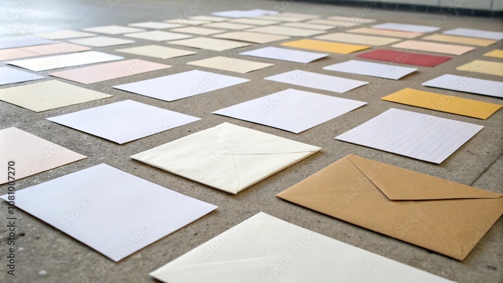 Various paper shapes and sizes on a plain surface, sizes, layered ...