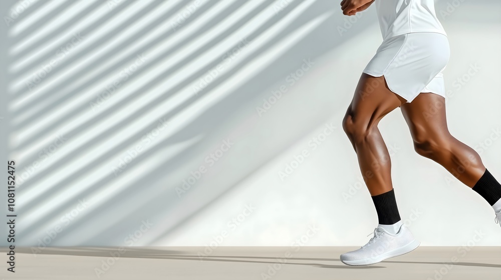 Athletic legs in white sneakers and socks with dynamic shadow lines ...