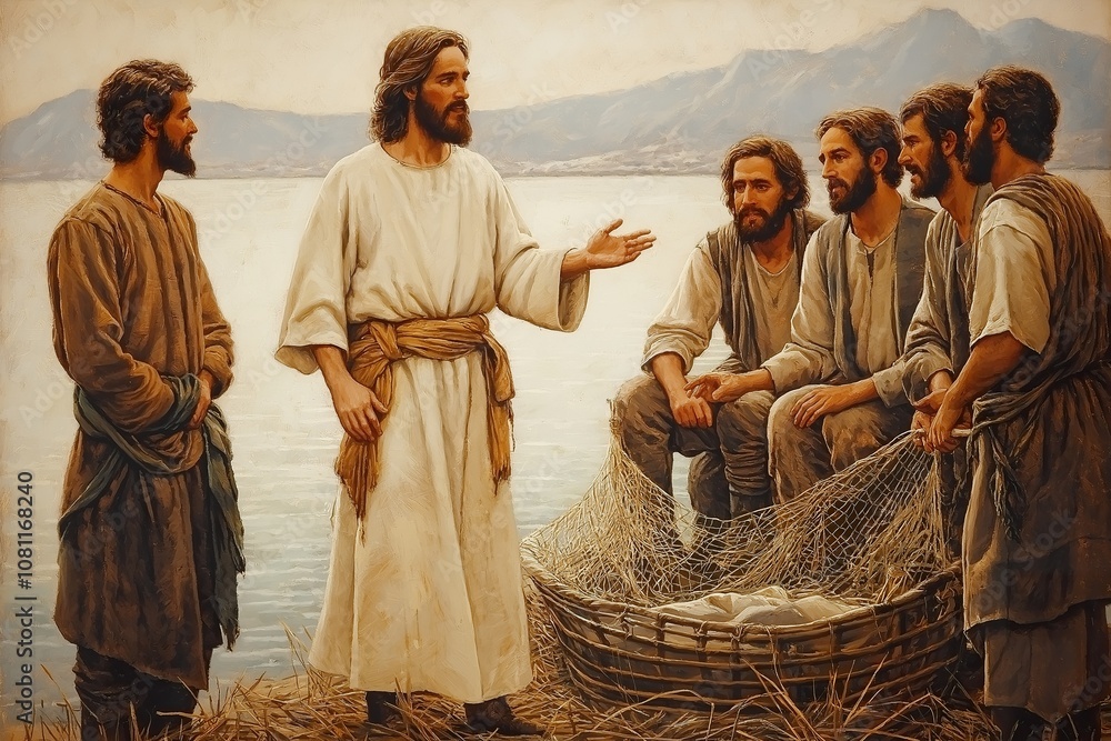 The calling of the apostles by the lake as Jesus speaks to fishermen at ...