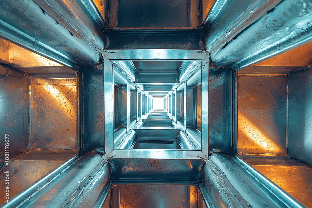 Ventilation ductwork assembly process, industrial ceiling perspective ...