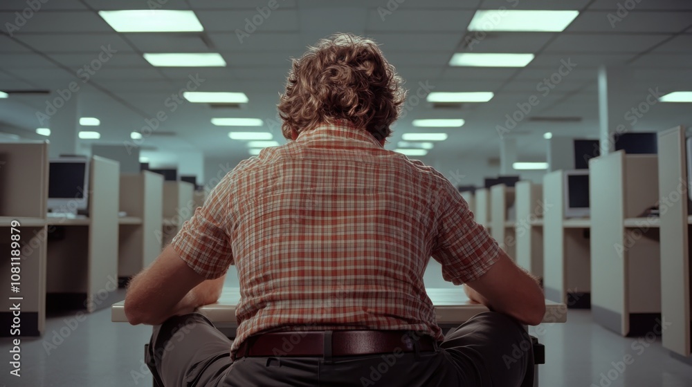 A man sitting with his back facing the camera in a contemporary office ...