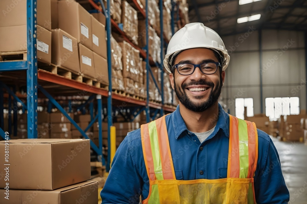 Friendly logistics worker smiling in a depot, representing efficient ...