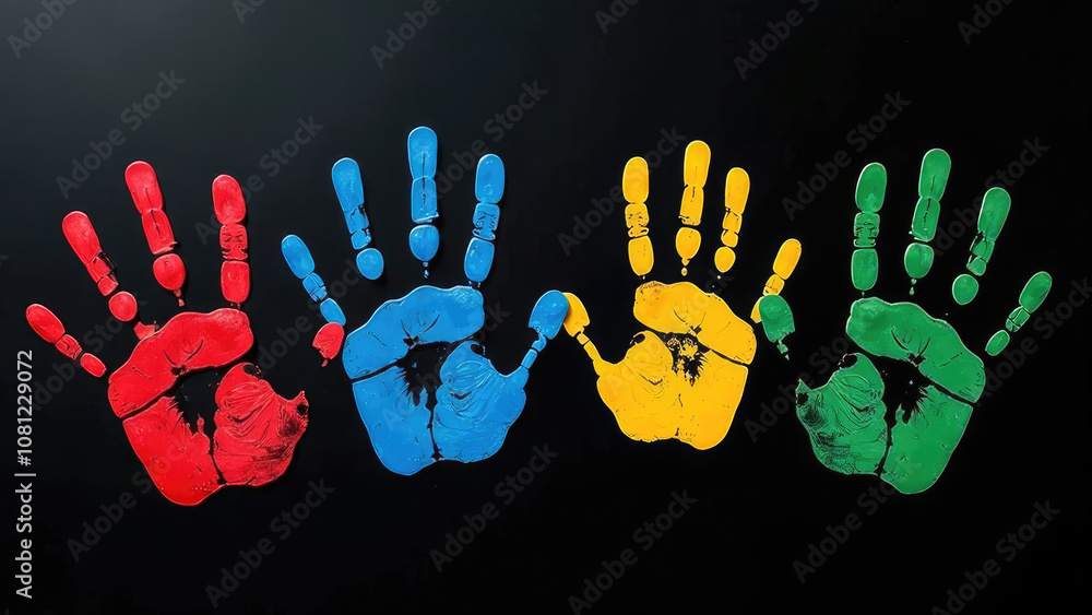Four colorful handprints in red, blue, yellow, and green are displayed ...