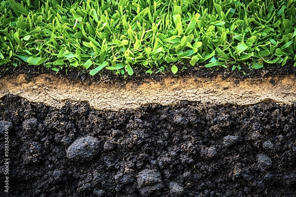 Cross section of soil layers showing grass roots, subsoil, topsoil, and ...